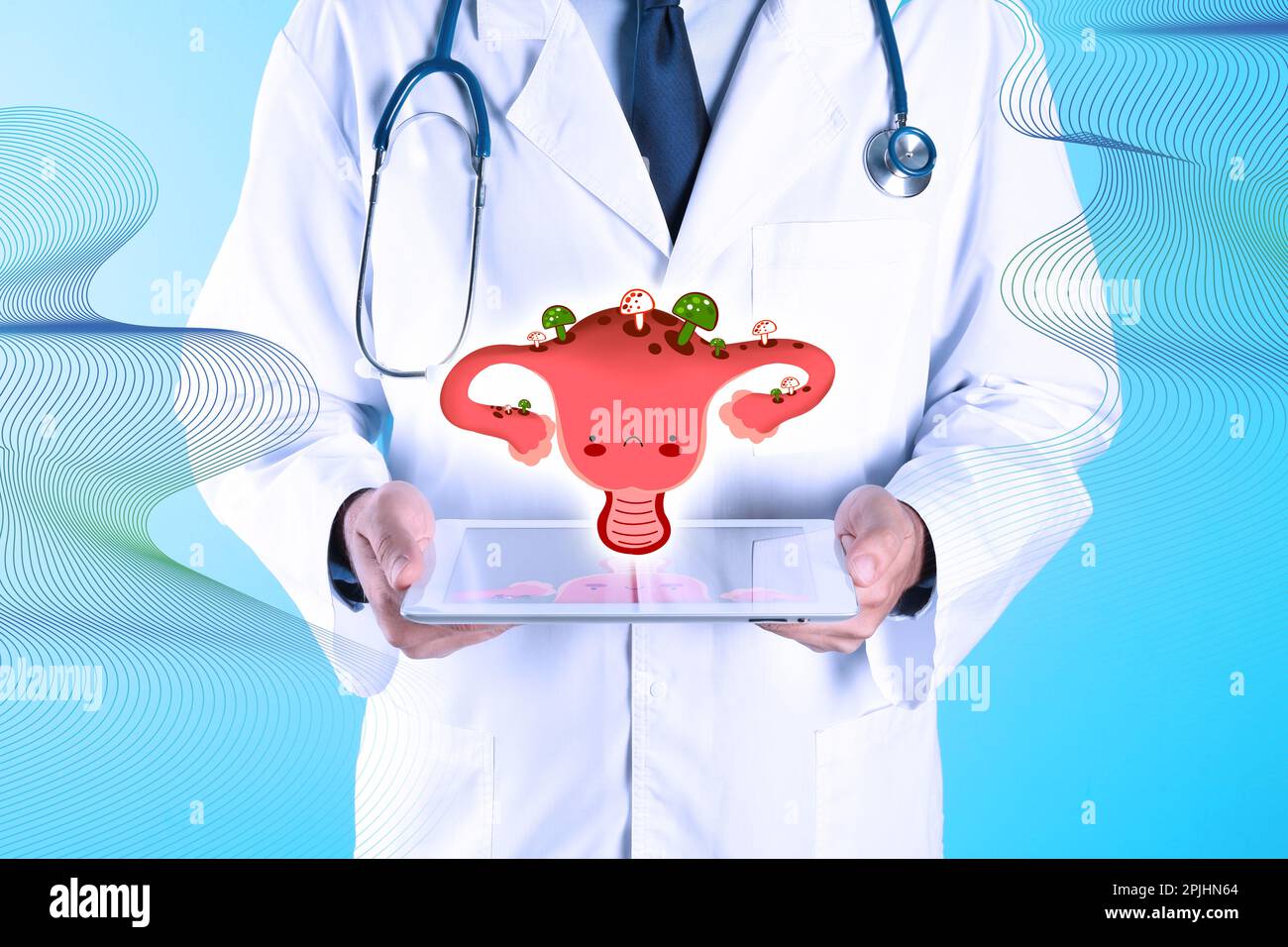 Doctor with tablet and virtual image of infected female reproductive ...