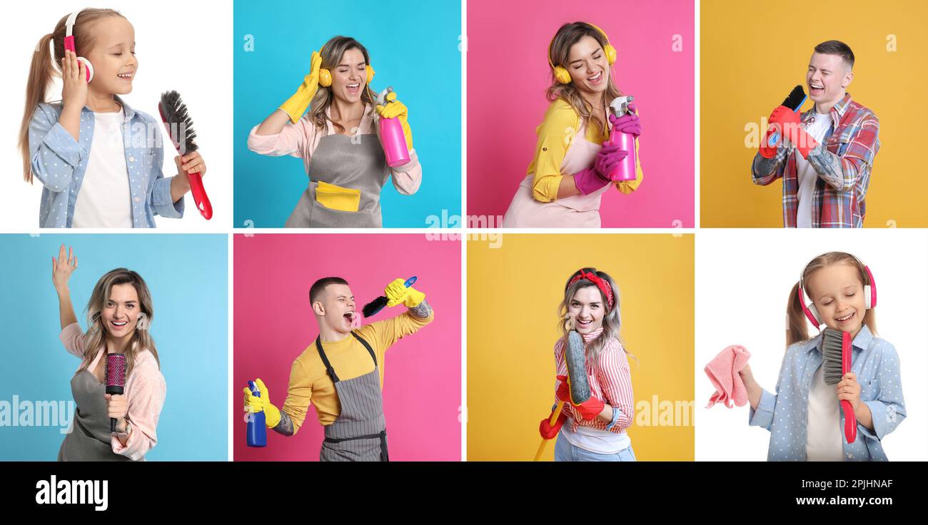 Collage with photos of funny people singing on different color ...