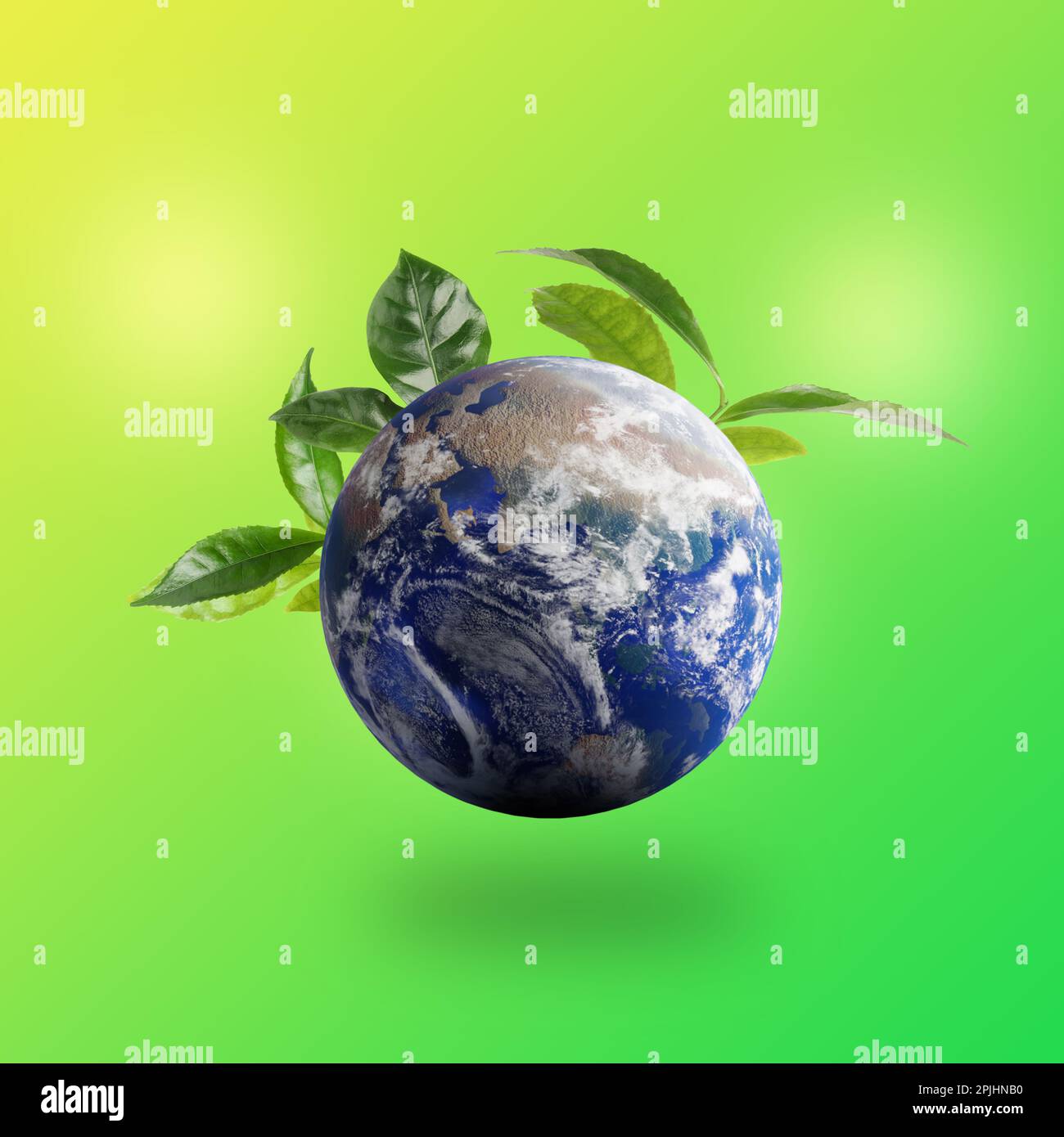 Recycling concept. Earth planet with green leaves on color background ...