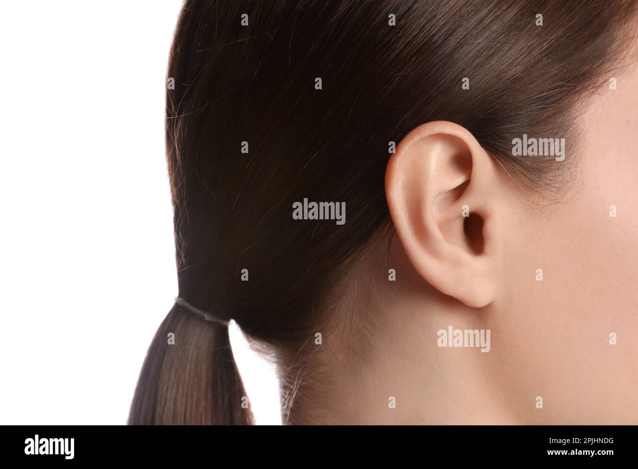Woman on white background, closeup view of ear Stock Photo - Alamy