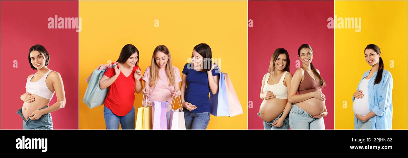Collage with photos of happy pregnant women with shopping bags on ...