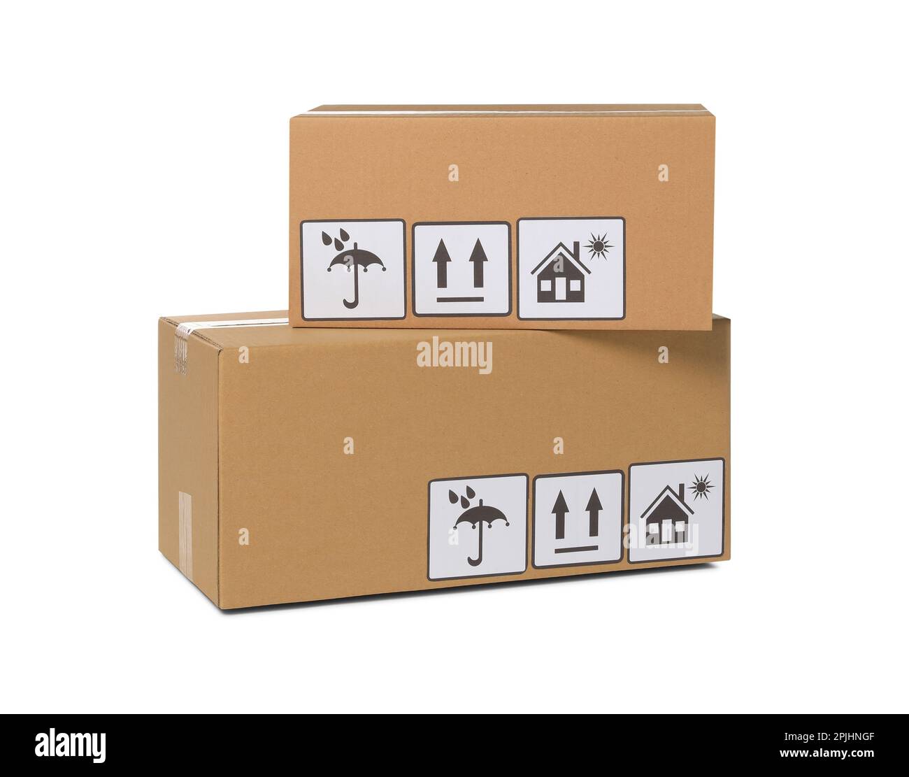 Two closed cardboard boxes with packaging symbols isolated on white ...