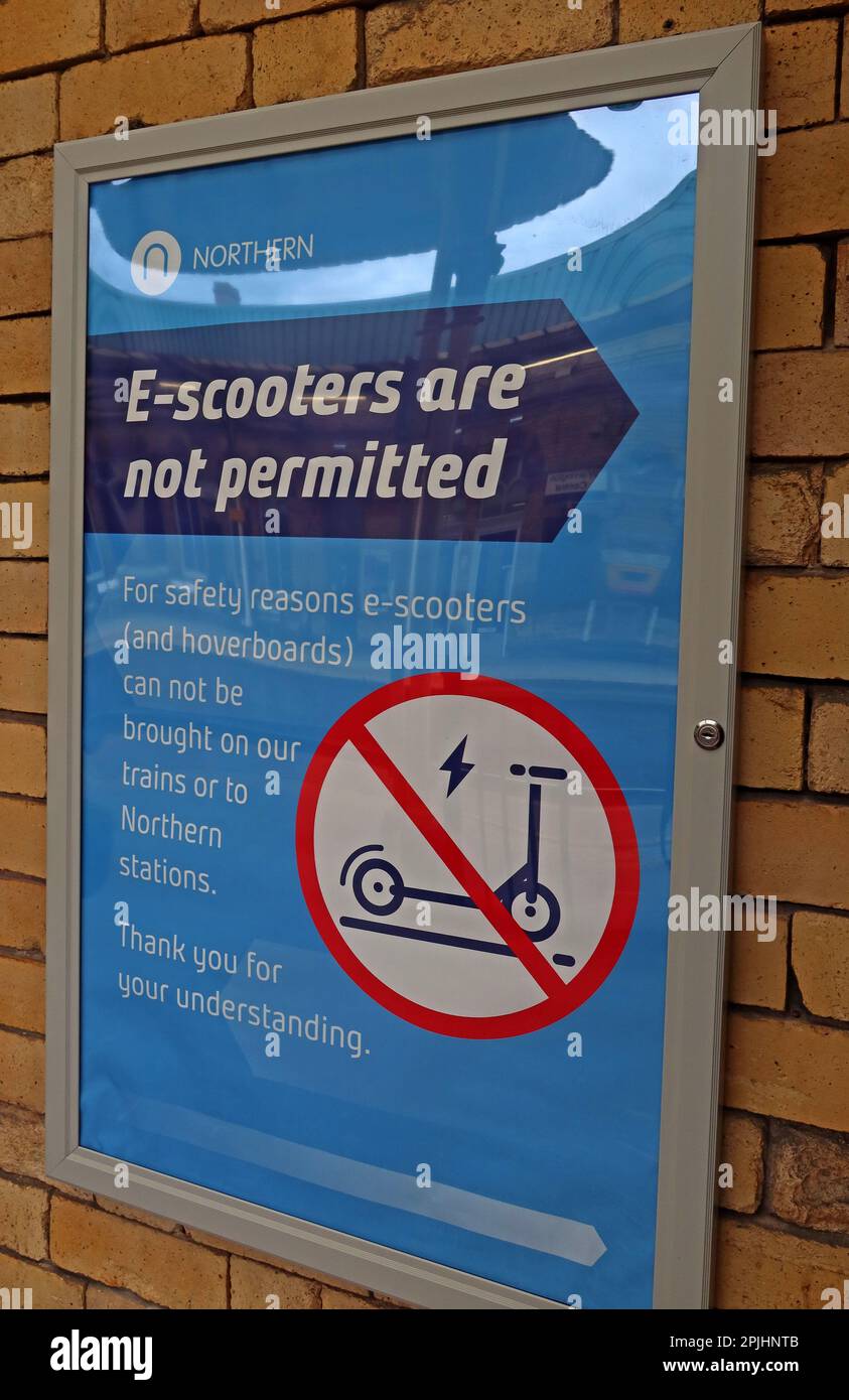 E-Scooters are not permitted sign, on platform of Warrington Central ...