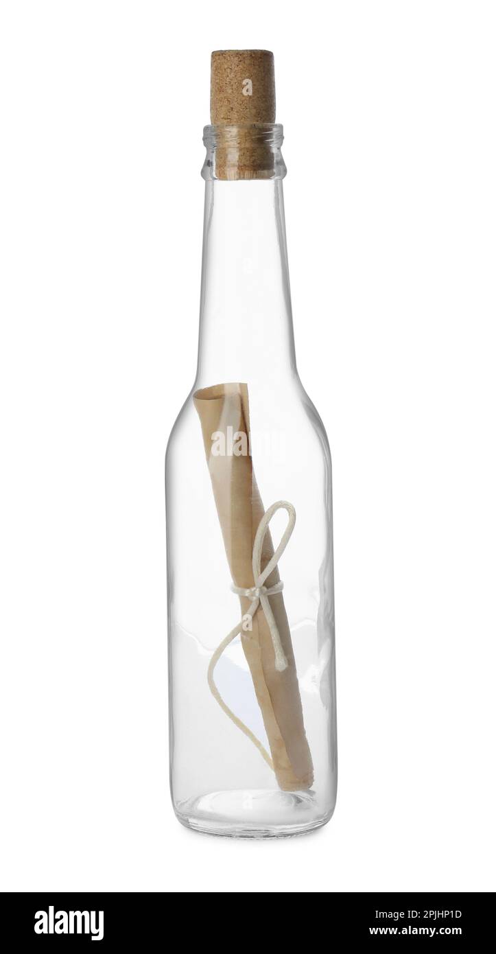Message in corked glass bottle isolated on white Stock Photo - Alamy