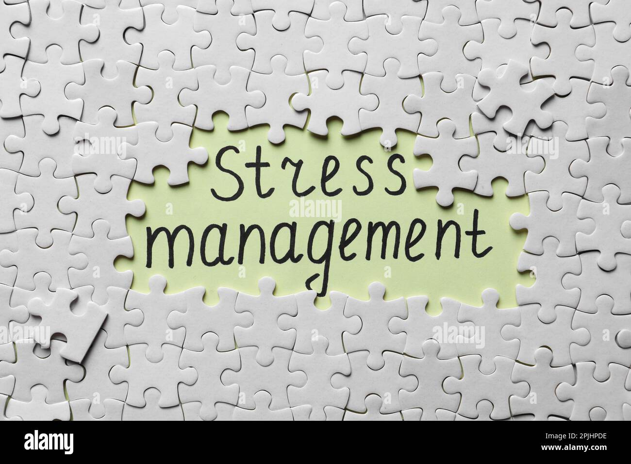 White puzzle pieces and phrase STRESS MANAGEMENT written on light green ...