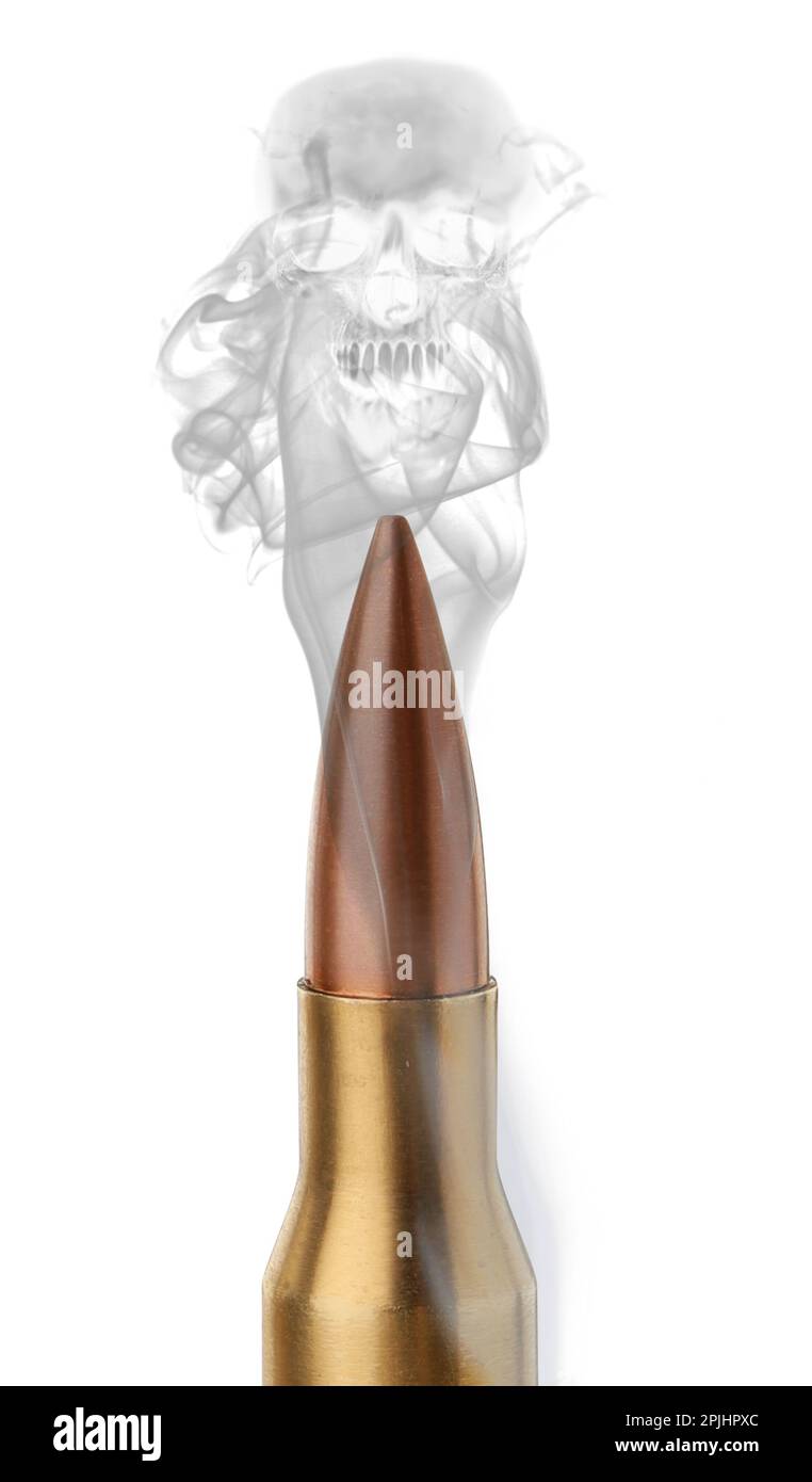 Bullet with skull shaped smoke on white background Stock Photo - Alamy