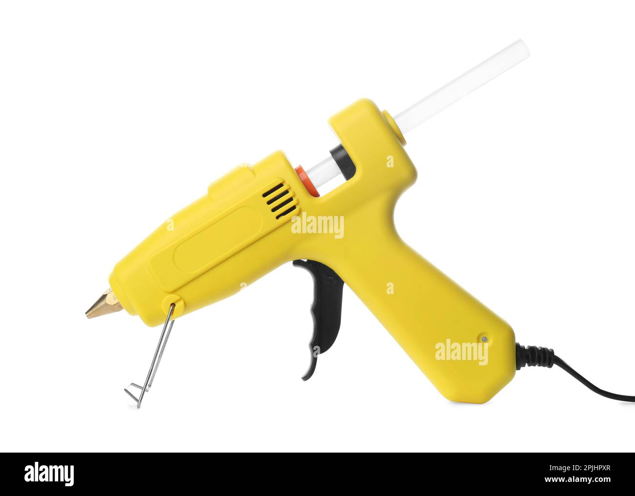 Yellow glue gun with stick isolated on white Stock Photo - Alamy