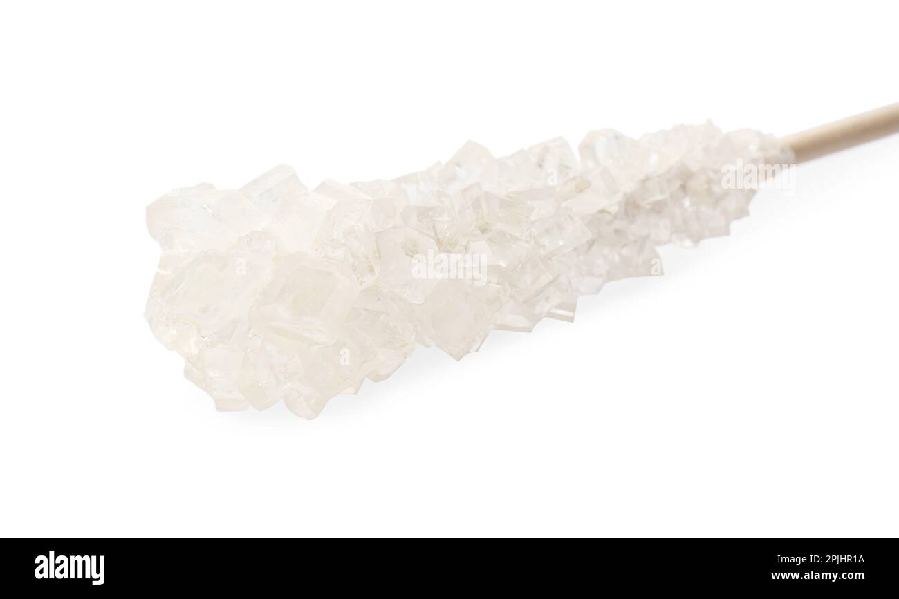 Wooden stick with sugar crystals isolated on white, closeup. Tasty rock ...