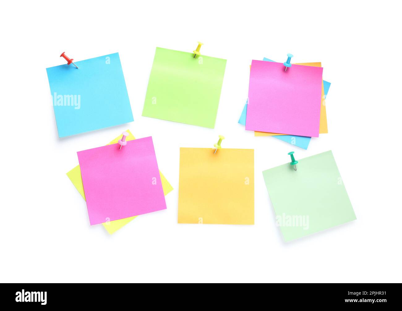 Blank colorful notes pinned on white background, top view. Space for ...
