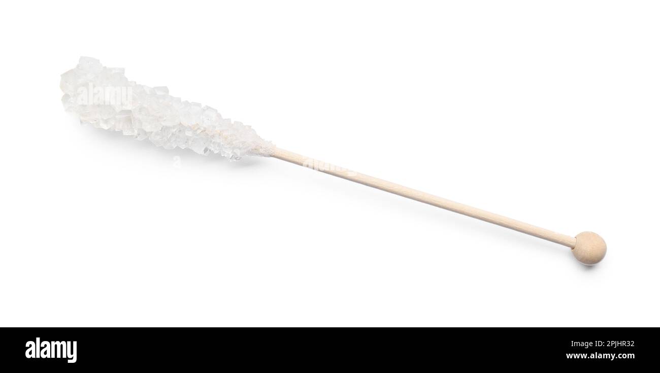 Wooden stick with sugar crystals isolated on white, top view. Tasty ...