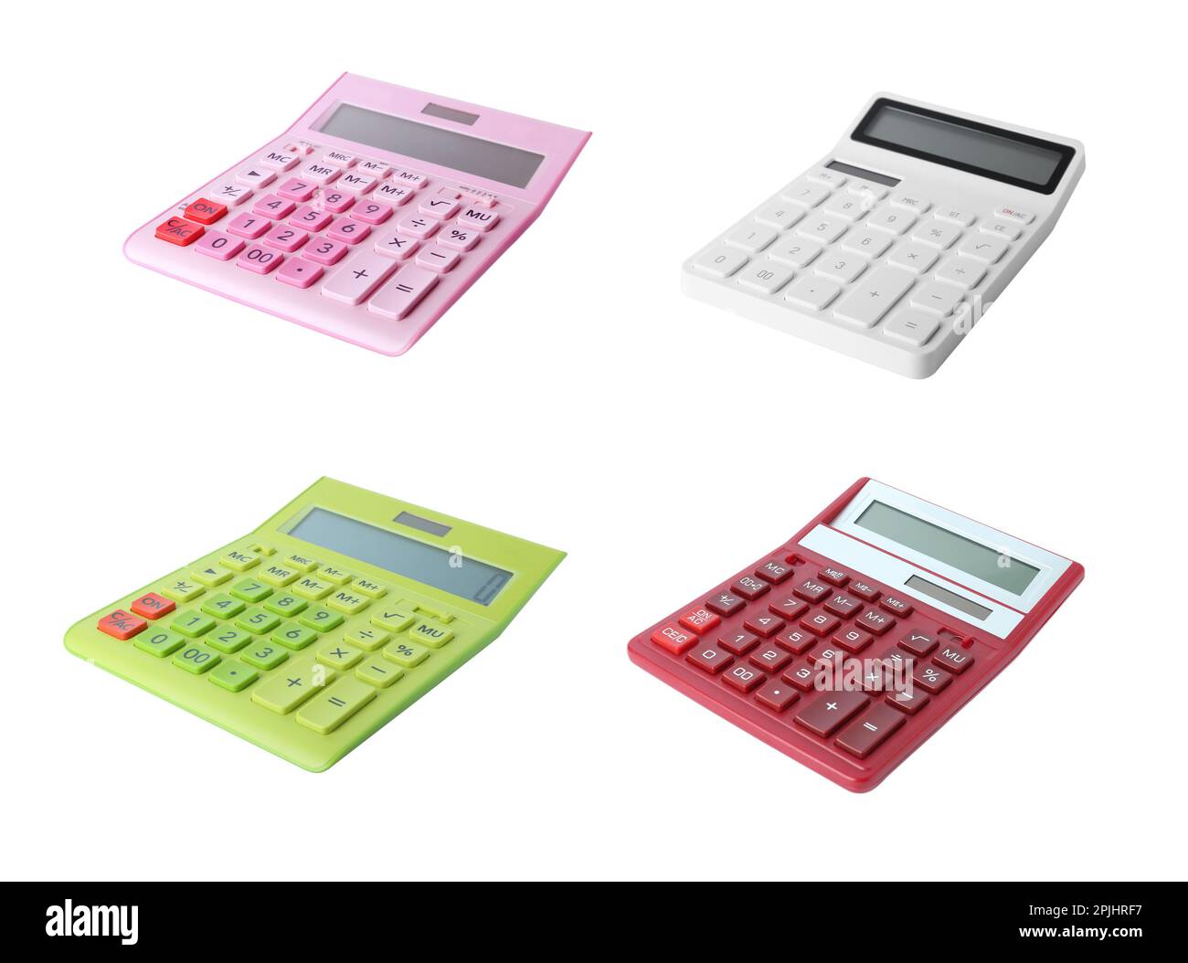 Set of different calculators on white background Stock Photo - Alamy
