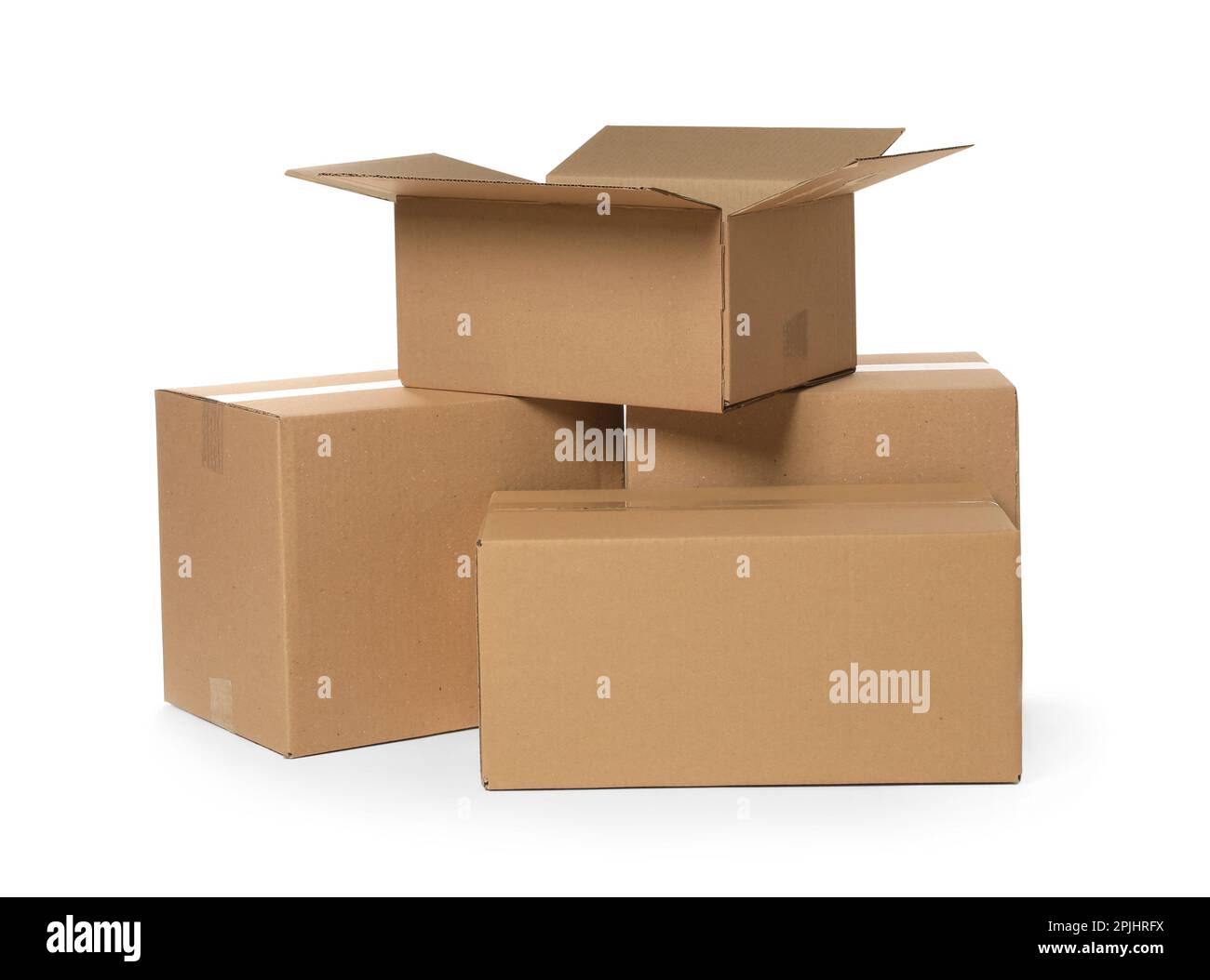 Many cardboard boxes on white background. Delivery service Stock Photo ...
