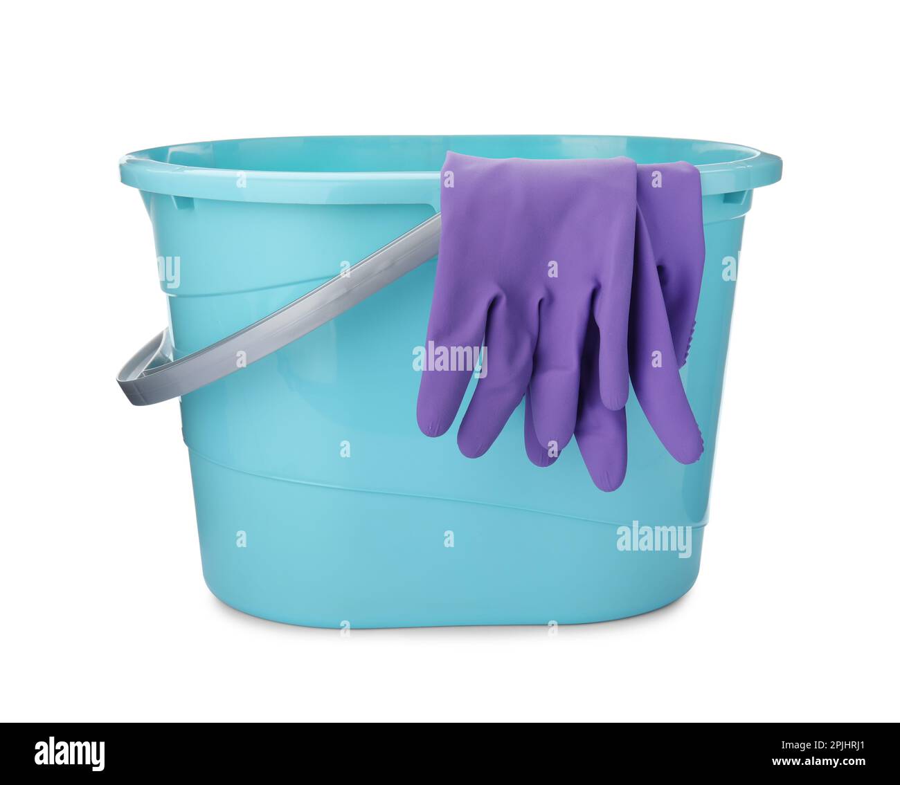 Light blue bucket with gloves for cleaning isolated on white Stock ...