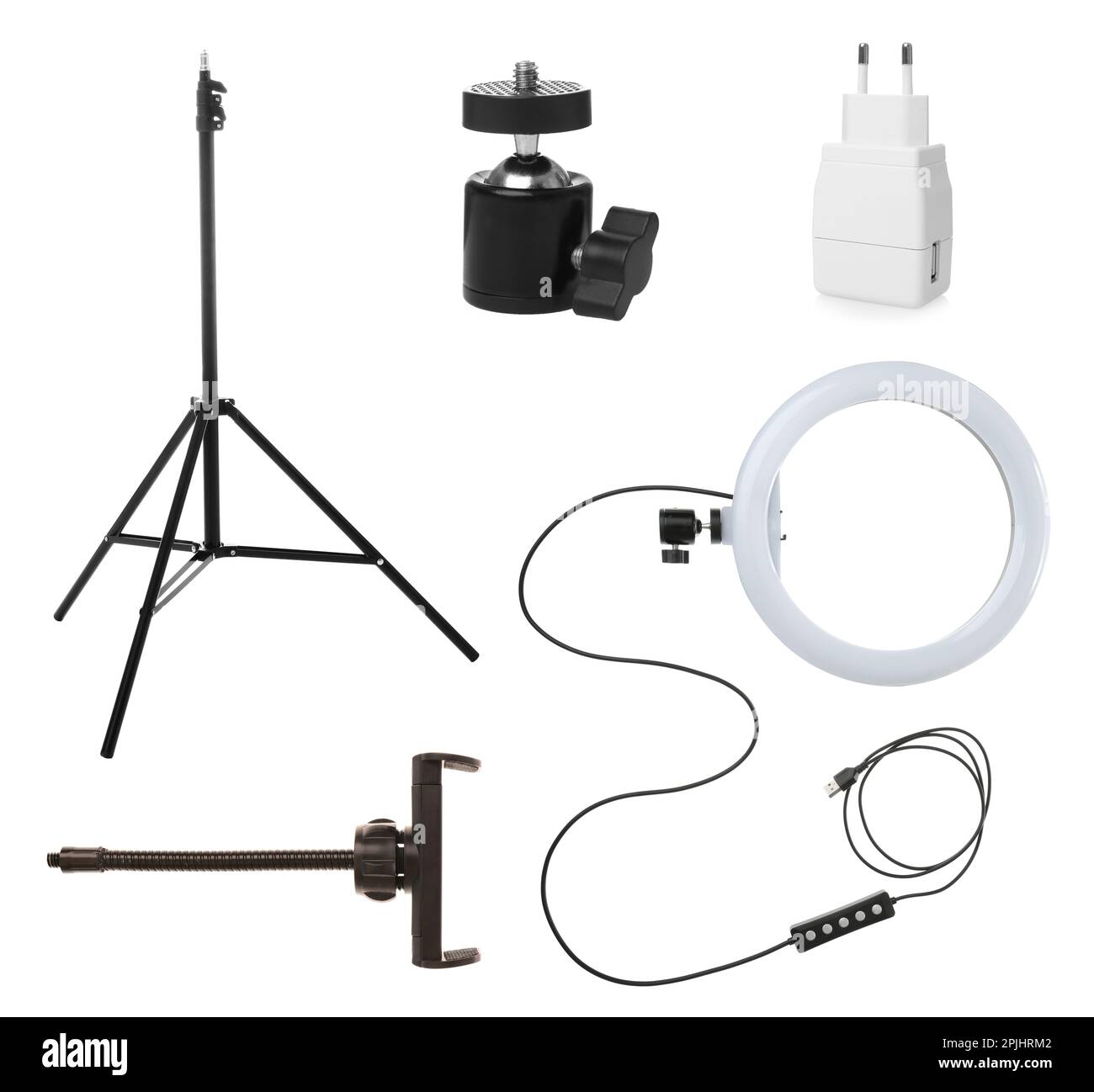 Collage with ring light and accessories on white background Stock Photo ...