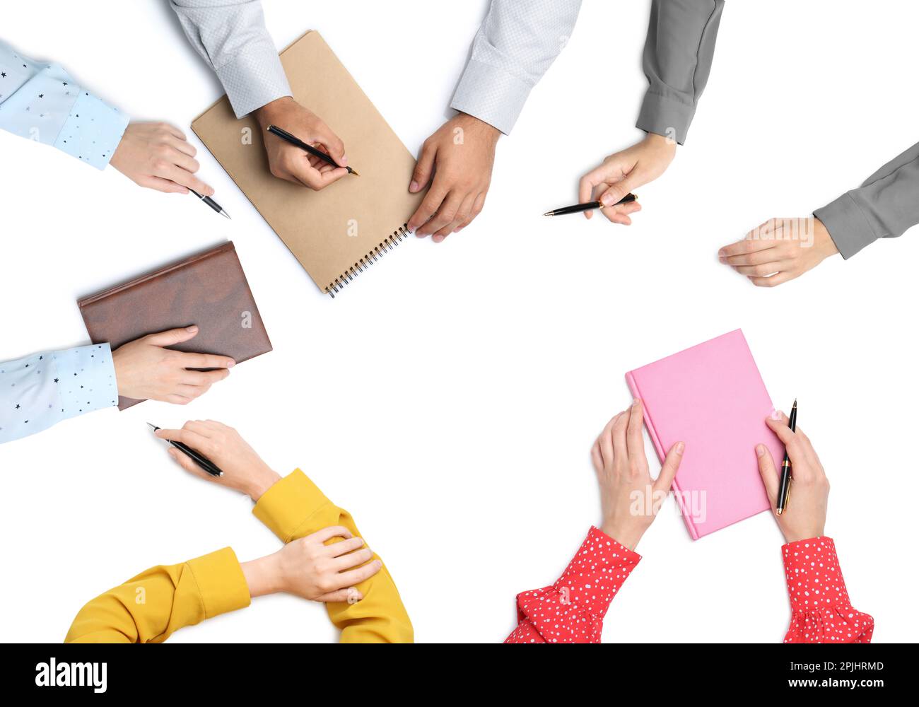 Collage with photos of people holding pens on white background Stock ...