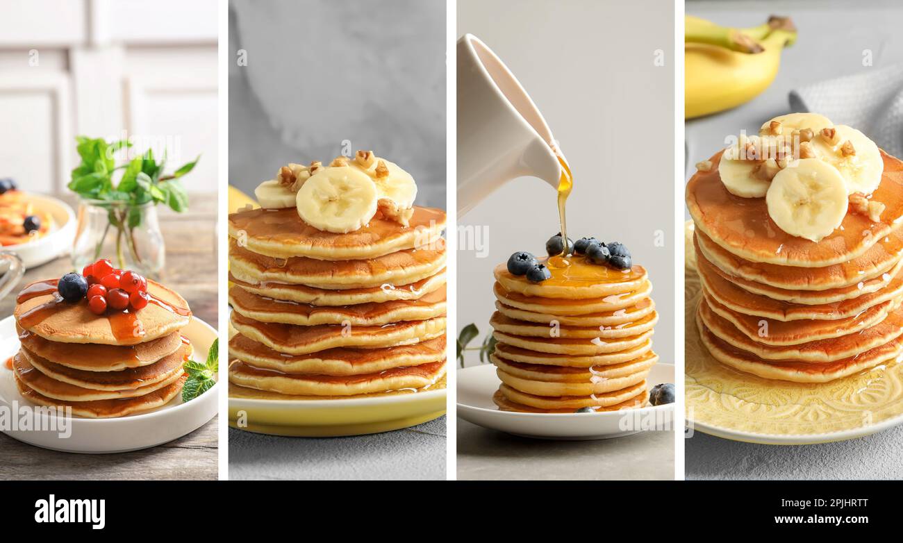 Collage of delicious pancakes with different toppings, banner design ...