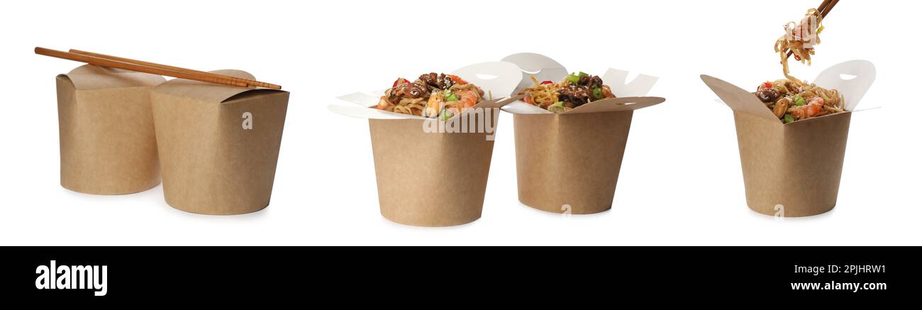 Set with boxes of tasty wok noodles on white background. Banner design ...