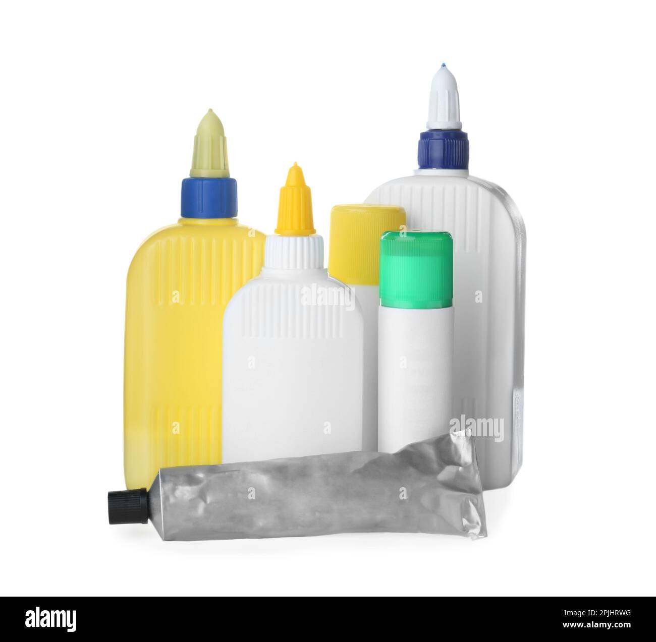 Different bottles, tube and sticks of glue on white background Stock ...