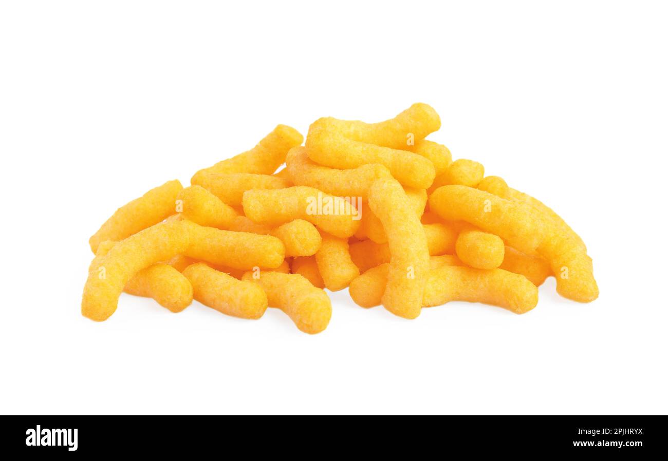 Many tasty cheesy corn puffs isolated on white Stock Photo - Alamy