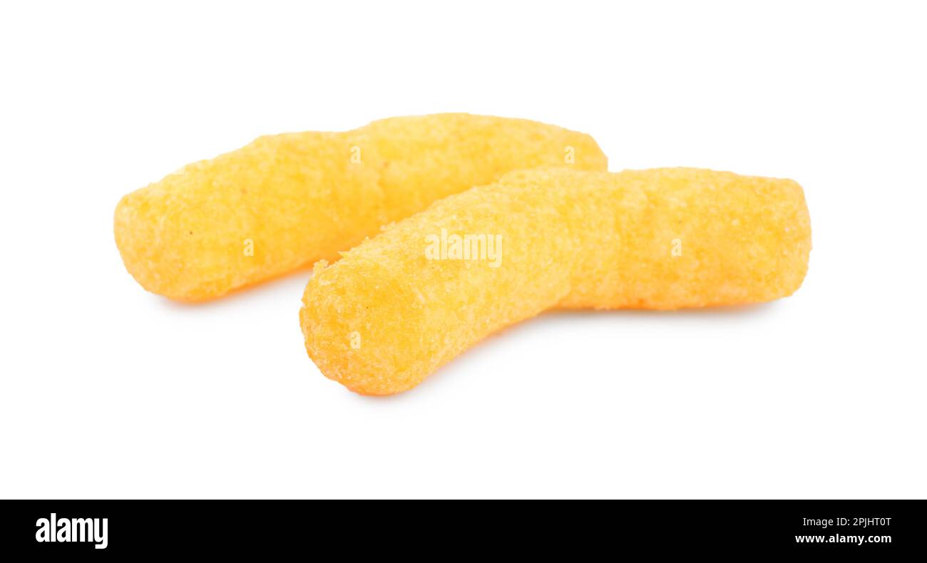Two tasty cheesy corn puffs isolated on white Stock Photo - Alamy