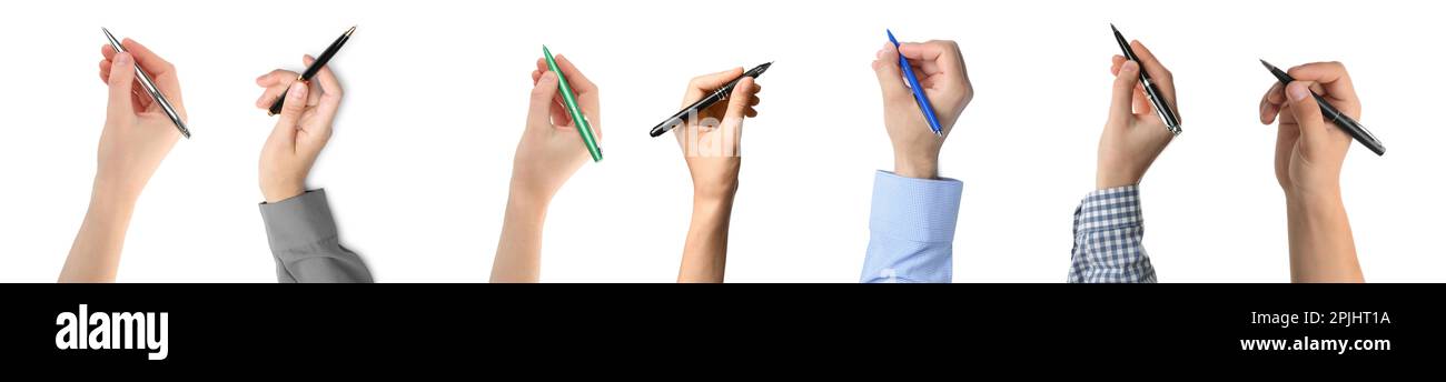 Collage with photos of people holding pens on white background. Banner ...