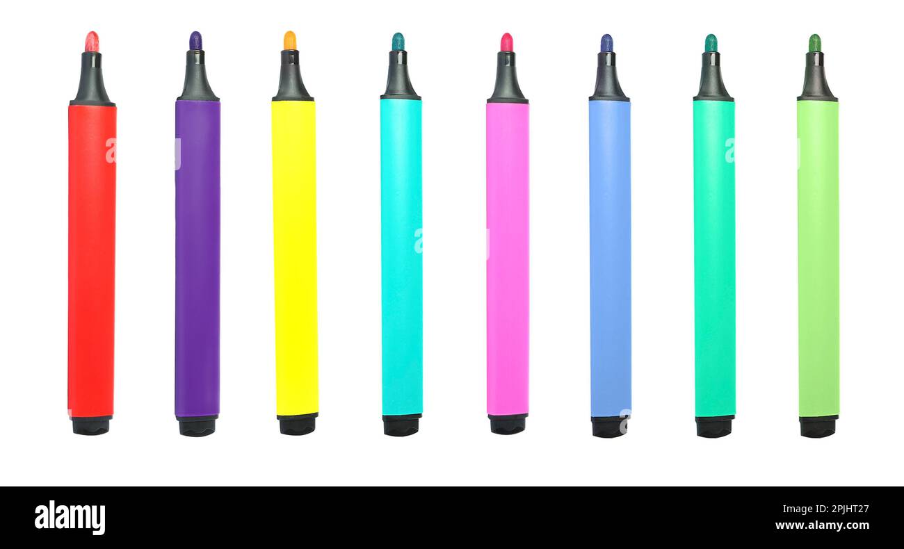 Set with bright multicolored marker pens on white background. Banner ...