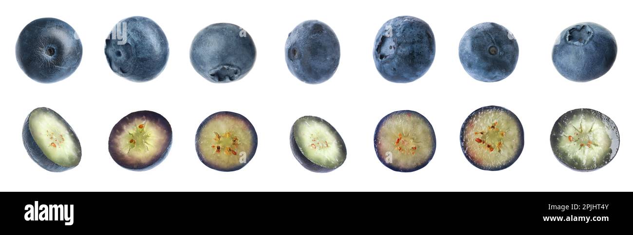 Set with fresh ripe blueberries on white background. Banner design ...