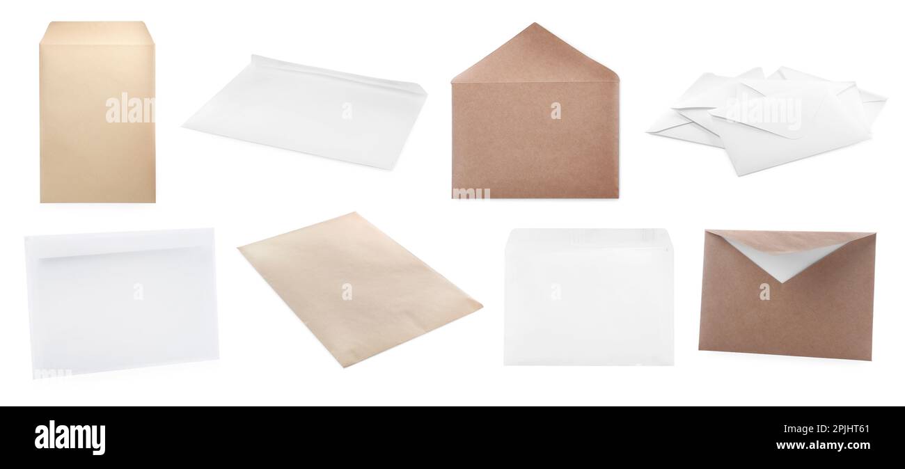 Set with different blank paper envelopes on white background. Banner ...