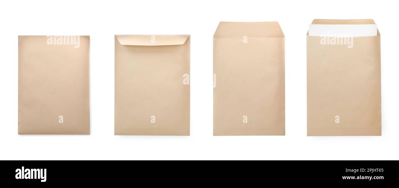 Set with blank kraft paper envelopes on white background. Banner design ...