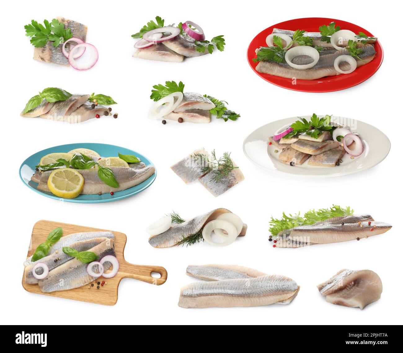 Set with delicious salted herring fillets on white background Stock ...