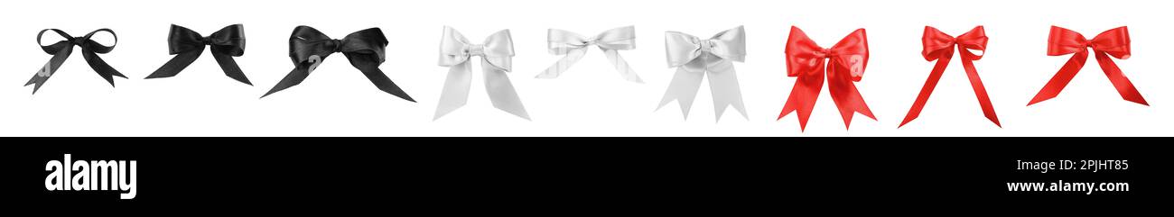 Set with different beautiful bows on white background. Banner design ...