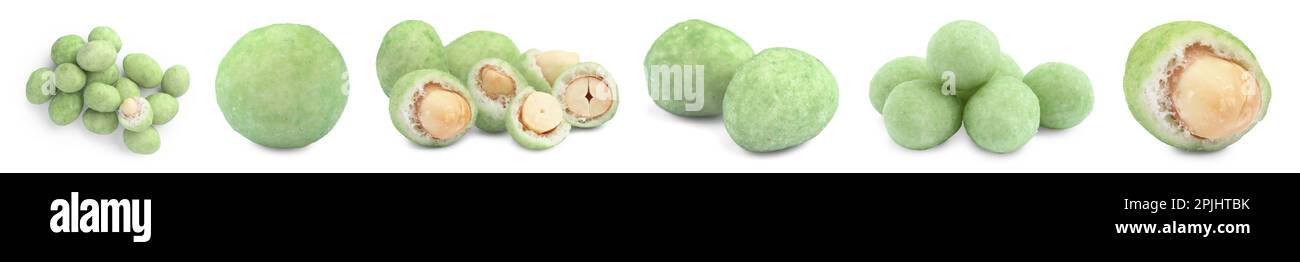 Set with spicy wasabi coated peanuts on white background. Banner design ...