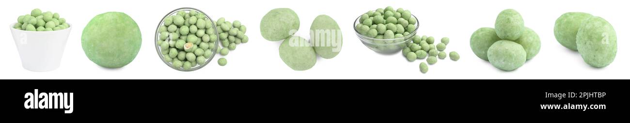 Set with spicy wasabi coated peanuts on white background. Banner design ...