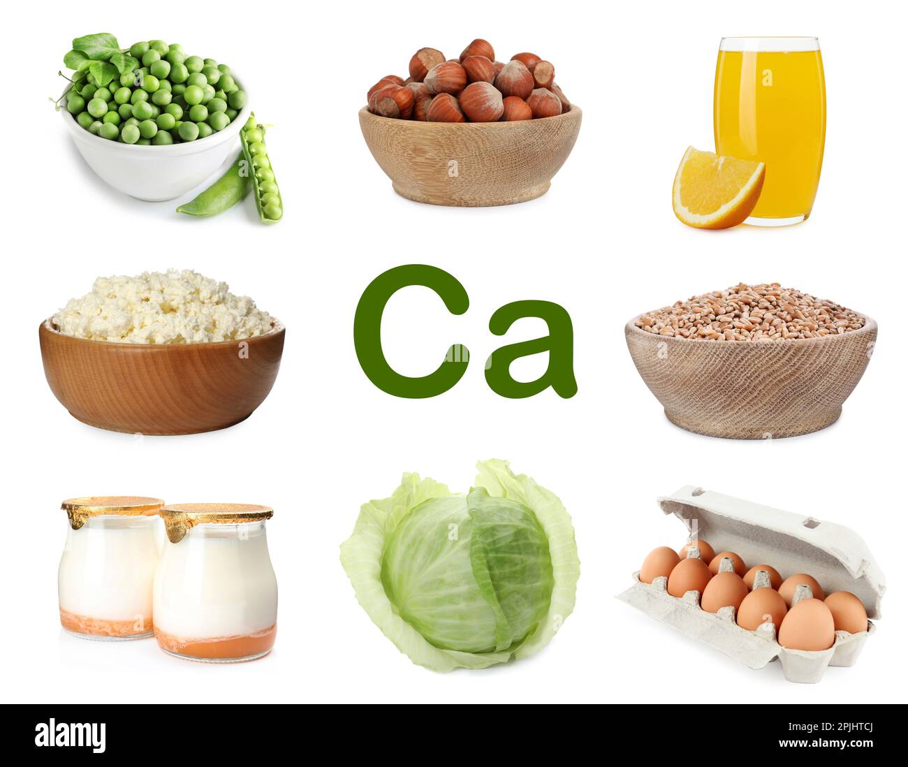 Many different fresh products containing calcium on white background ...