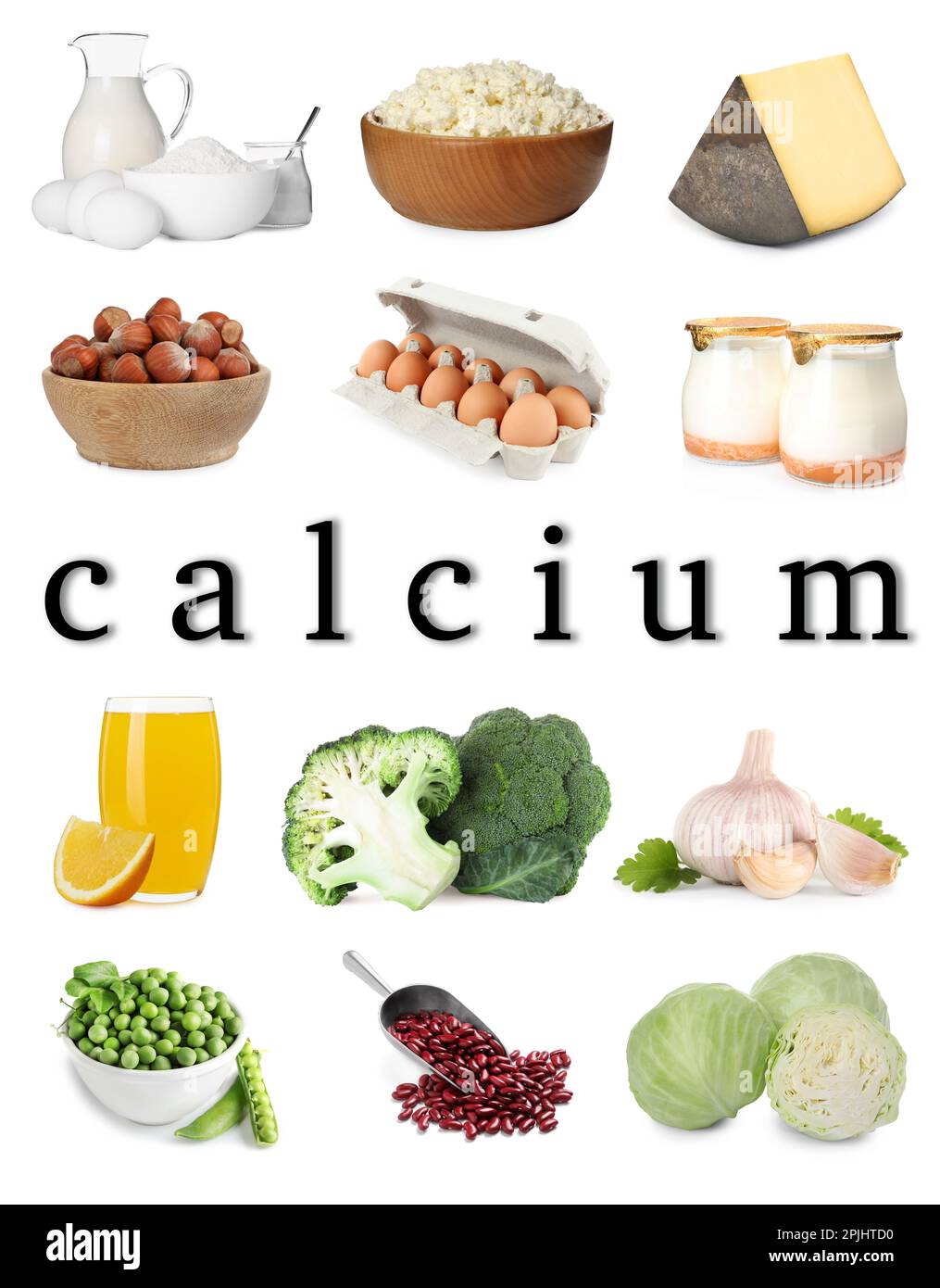 Many different fresh products containing calcium on white background ...