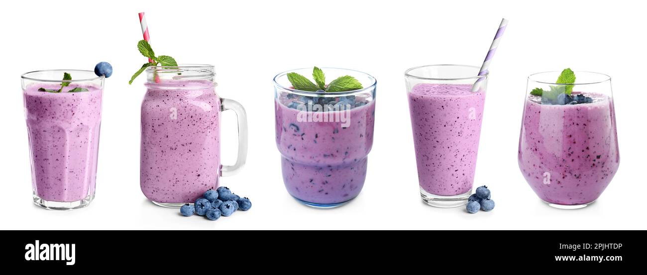 Set with delicious blueberry smoothies on white background. Banner ...