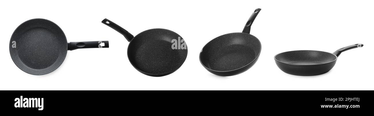 Set with new frying pans on white background. Banner design Stock Photo ...