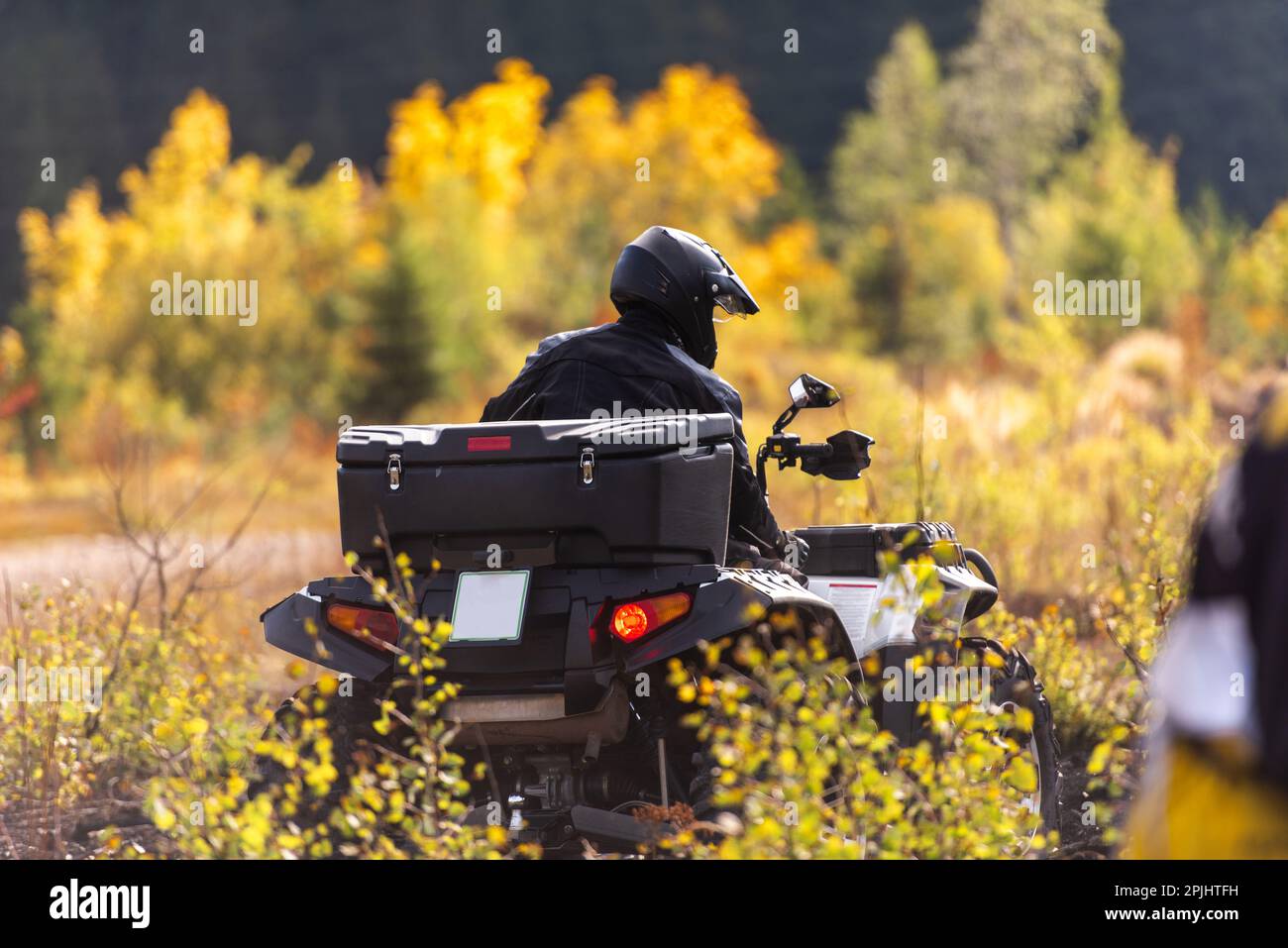 A man driving a quad ATV motorcycle through beautiful meadow landscapes Stock Photo - Alamy