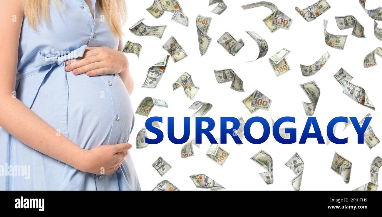 Surrogacy concept. Closeup view of young pregnant woman and flying ...