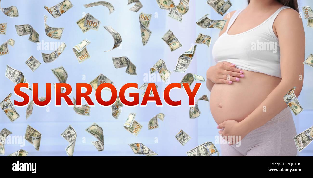 Surrogacy concept. Closeup view of young pregnant woman and flying ...