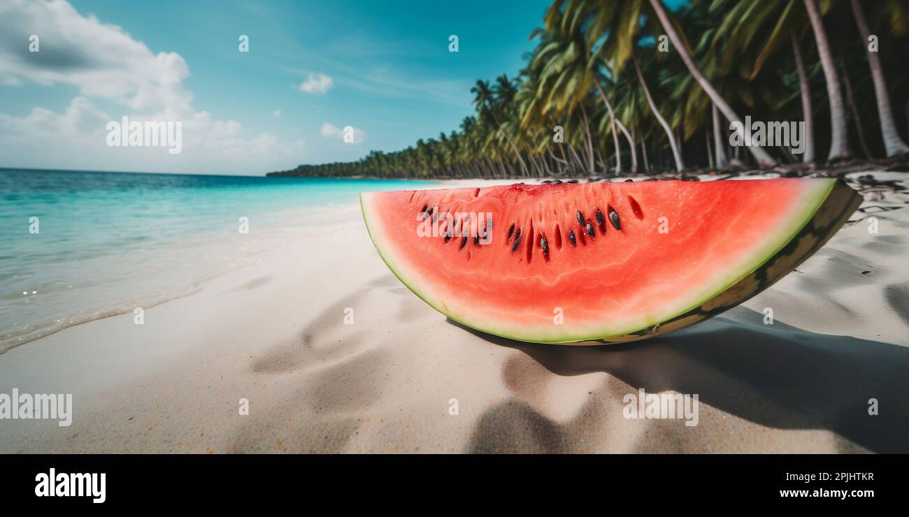 Watermelon slice in the sand on a beautiful tropical beach Stock Photo ...