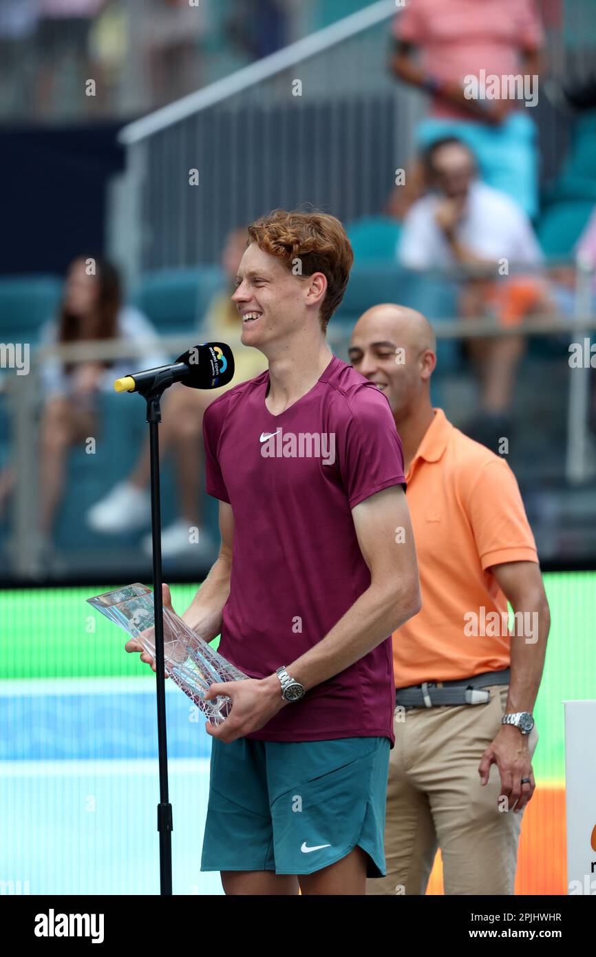 MIAMI GARDENS, FLORIDA - APRIL 02: Daniil Medvedev of Russia celebrates ...