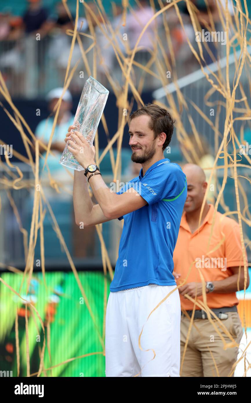 MIAMI GARDENS, FLORIDA - APRIL 02: Daniil Medvedev of Russia celebrates ...