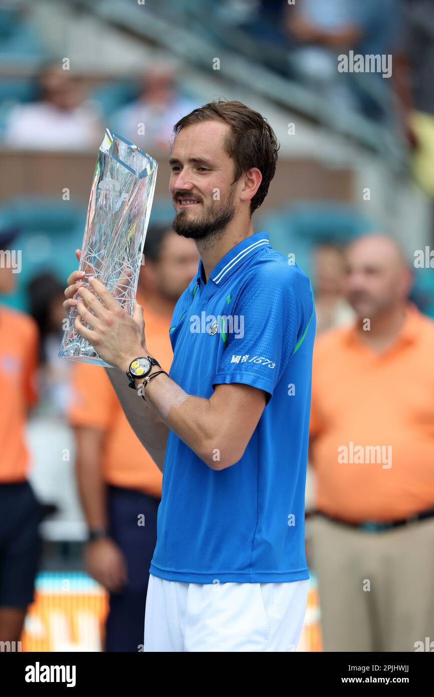 MIAMI GARDENS, FLORIDA - APRIL 02: Daniil Medvedev of Russia celebrates ...