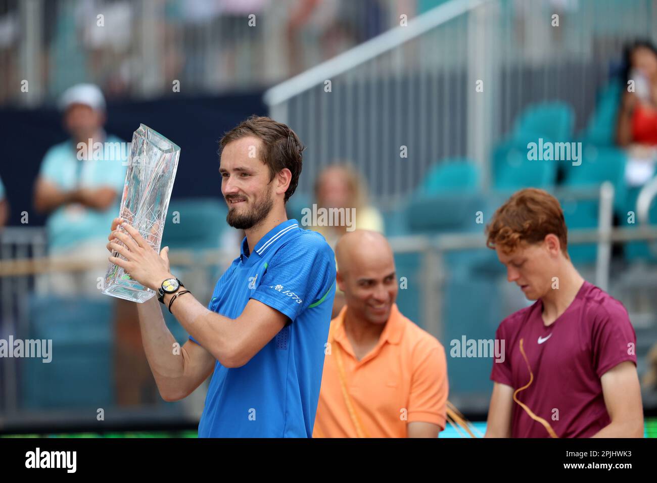 MIAMI GARDENS, FLORIDA - APRIL 02: Daniil Medvedev of Russia celebrates ...