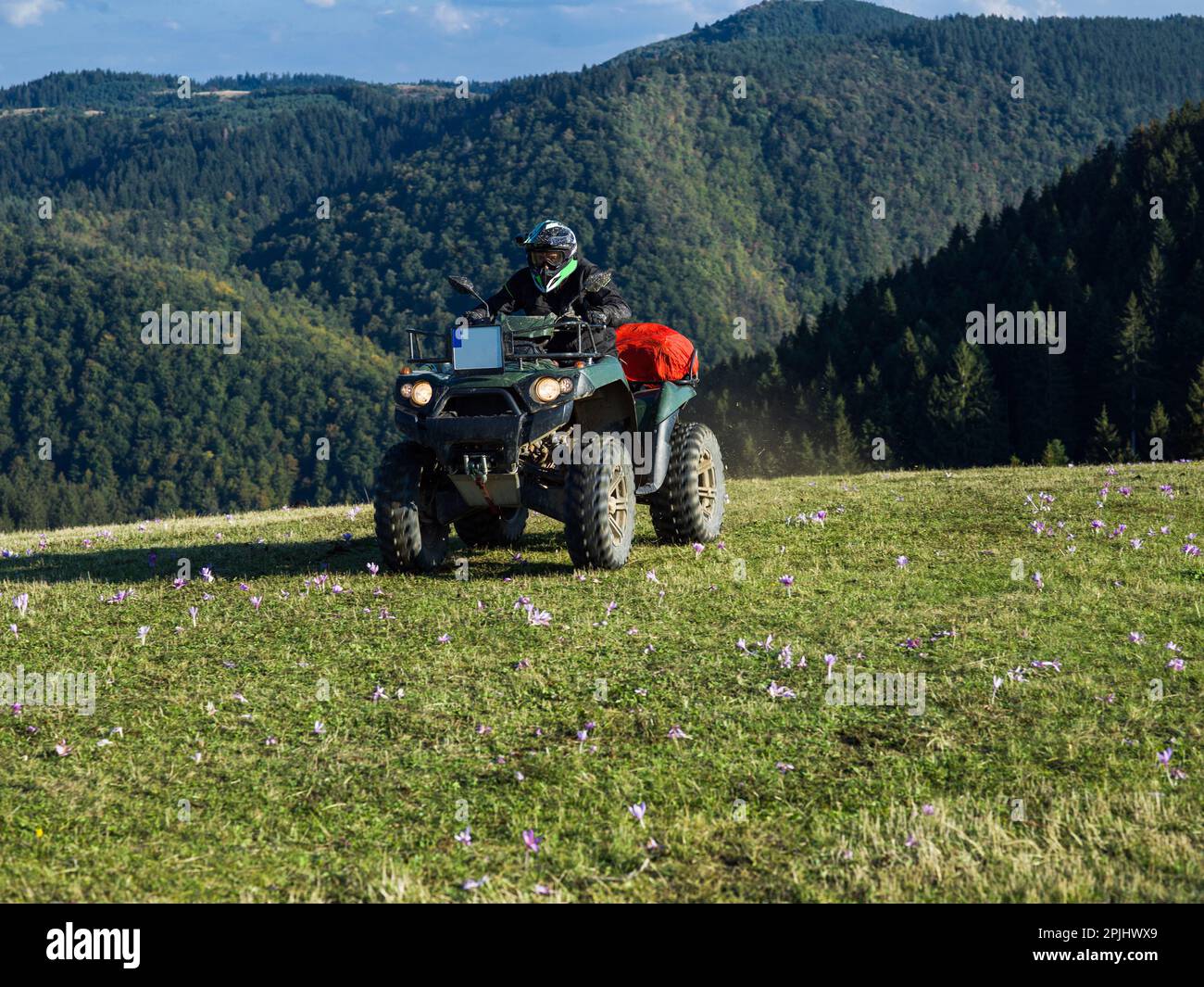 A man driving a quad ATV motorcycle through beautiful meadow landscapes Stock Photo - Alamy