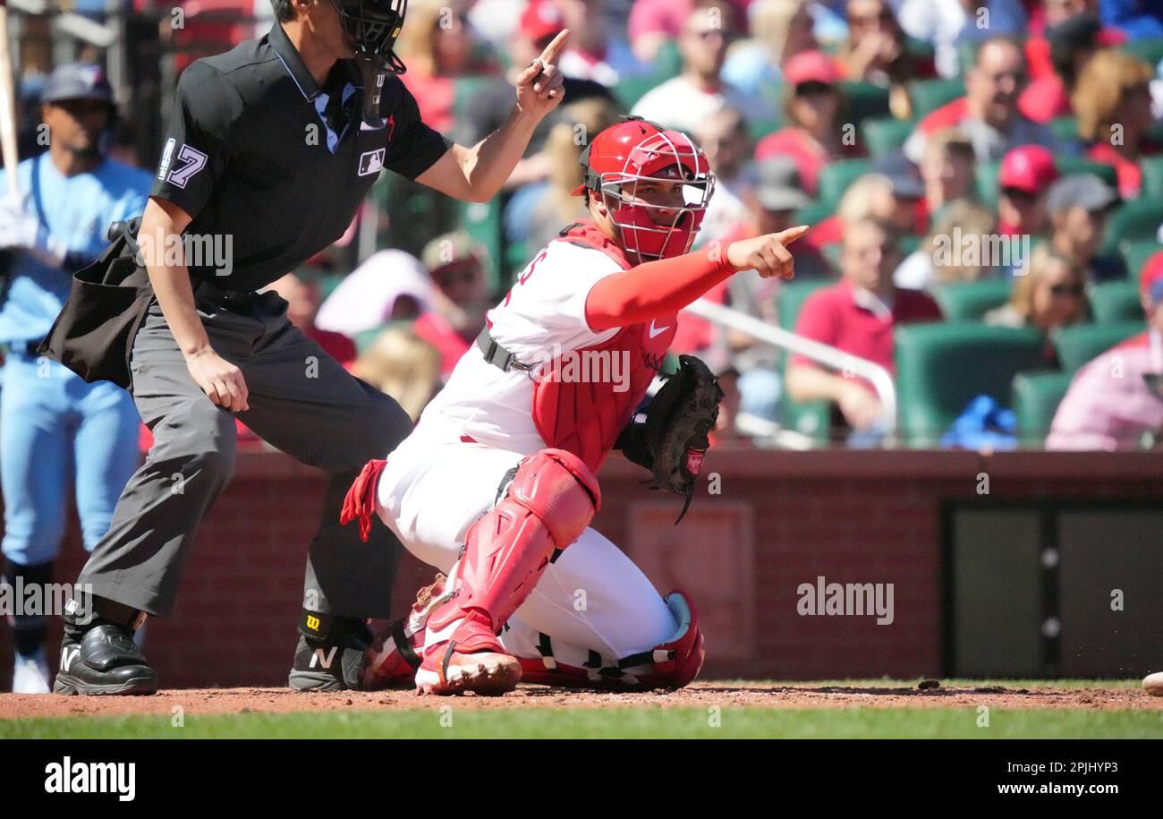 St. Louis, United States. 02nd Apr, 2023. St. Louis Cardinals catcher ...