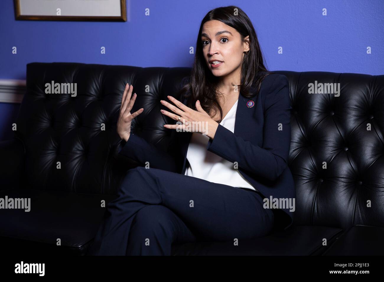 Rep. Alexandria Ocasio-Cortez (D-N.Y.) gives an interview in her office ...