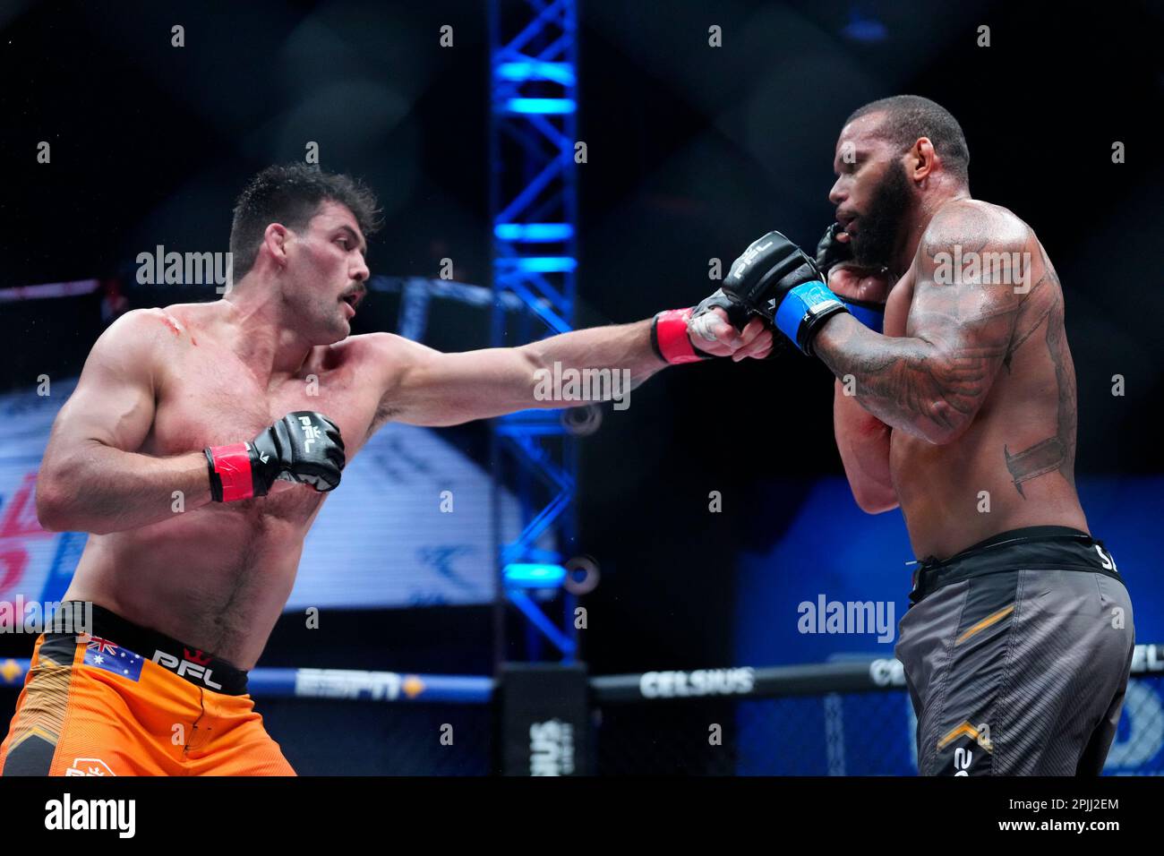LAS VEGAS, NEVADA - APRIL 01: (L-R) Robert Wilkinson punches Thiago ...