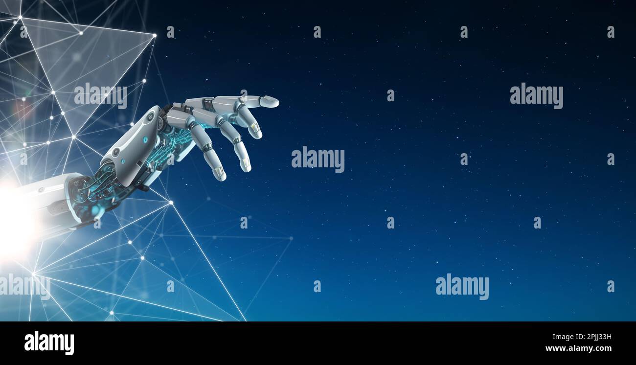 The robotic hand sticks out from the virtual world, the future world ...